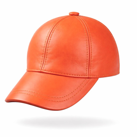 Lukkiu | Accessories | Orange Leather Baseball Cap Real Lambskin ...